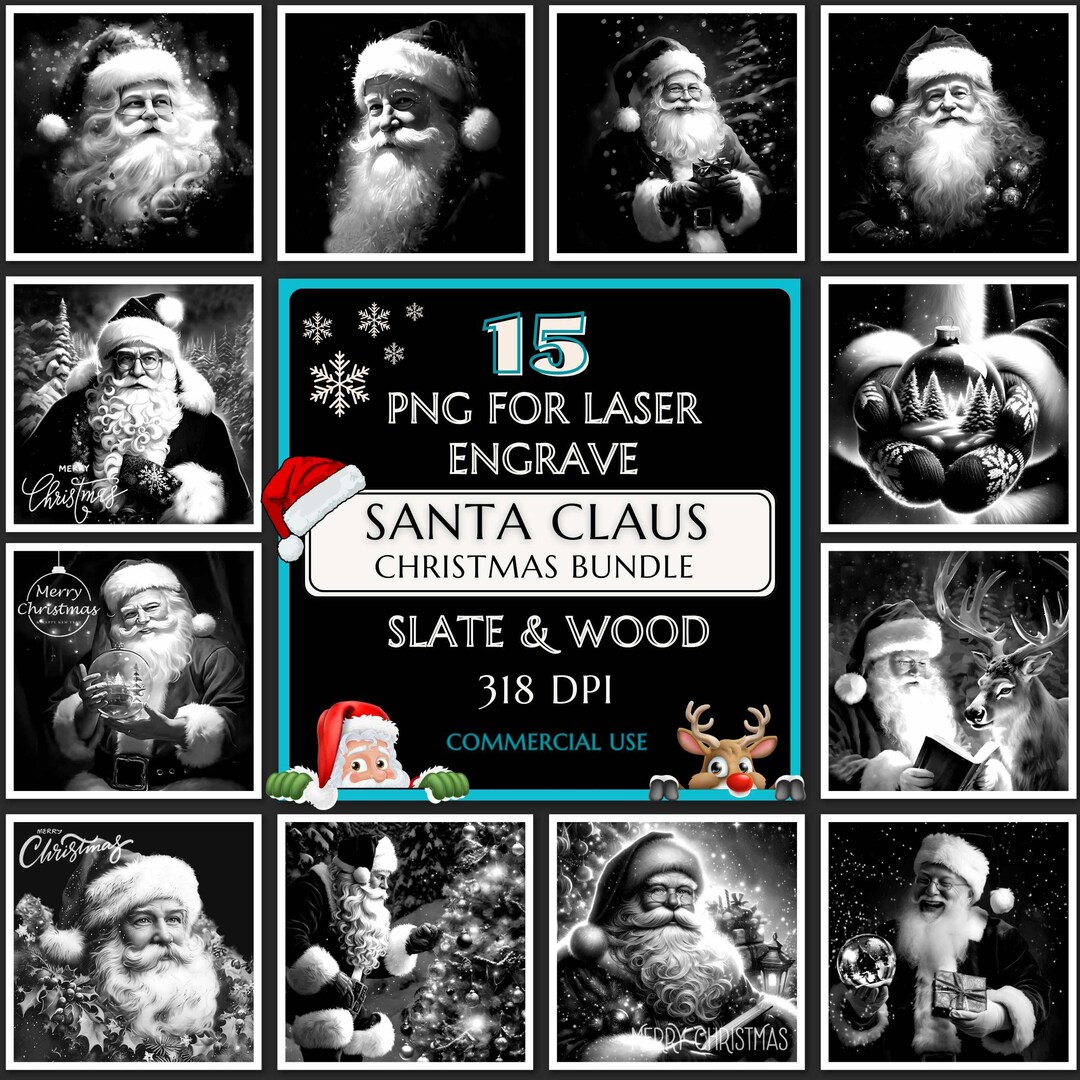 15 Santa Laser Engraving PNG Files Bundle, Christmas Laser Burn PNG ...