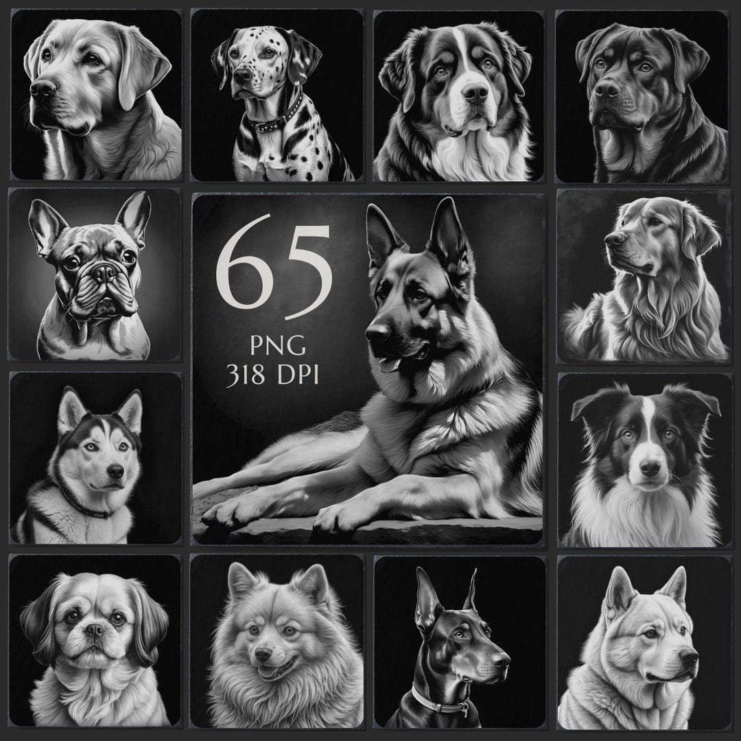65 Dog PNG Engraving Bundle, Dog Breeds Laser Burn Files, Slate Etching ...