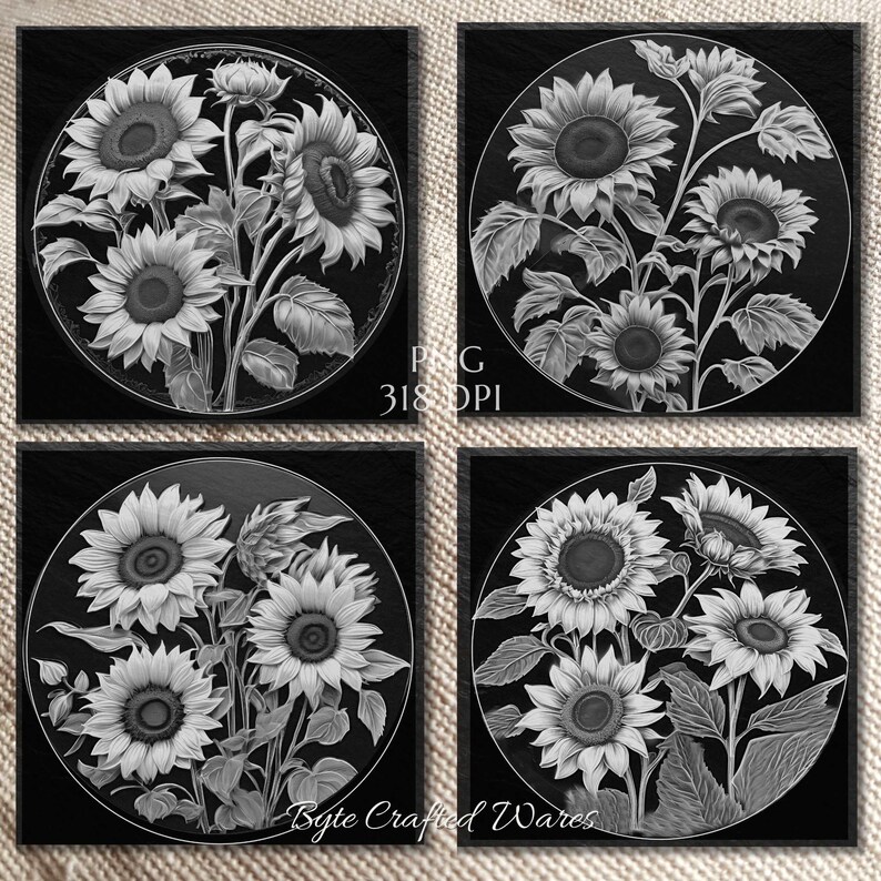 Sunflower 3D Laser Engraving PNG Bundle, Vintage Flowers for Slate ...