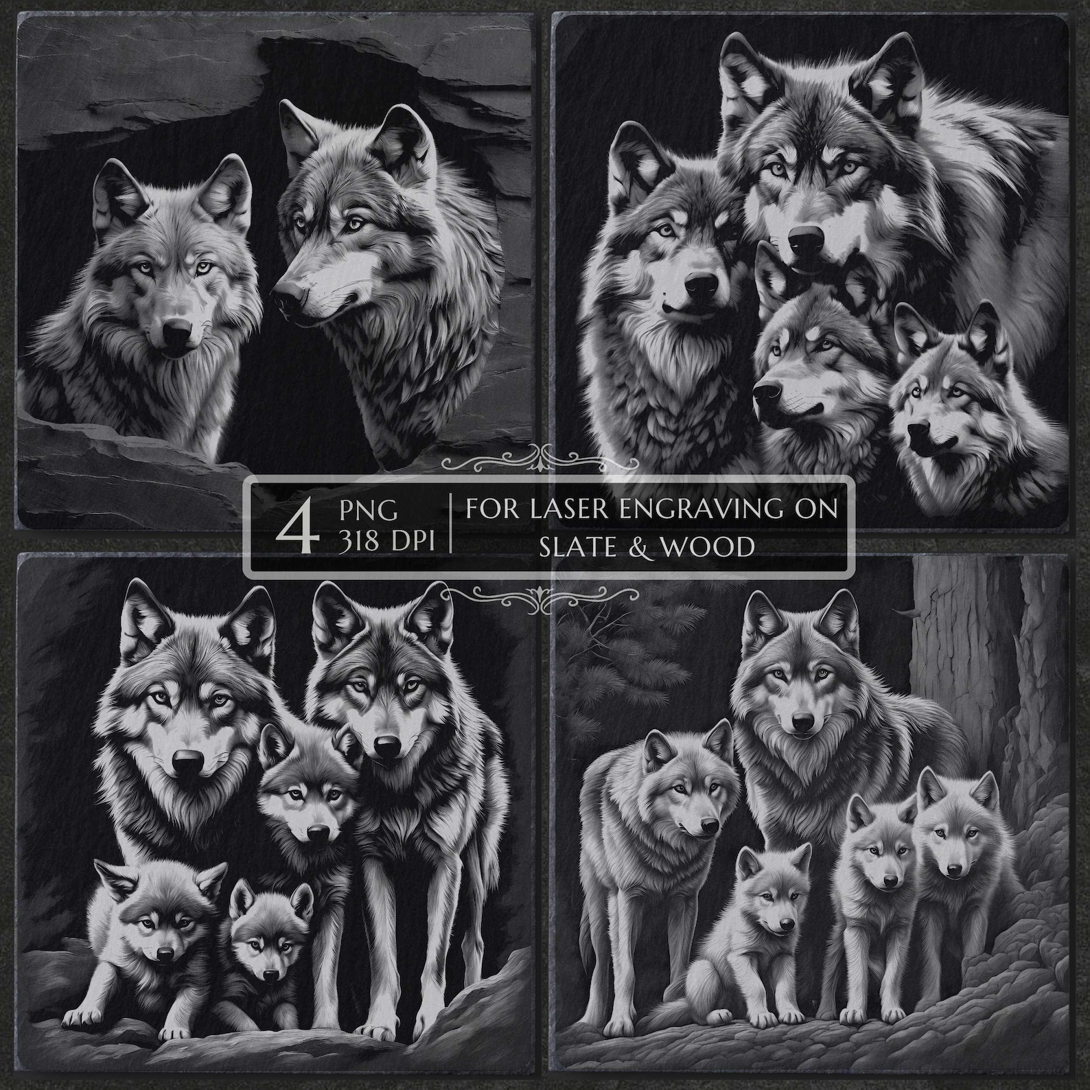 Wolf PNG Laser Engraving Files, Forest Wolf Family Slate Coaster ...