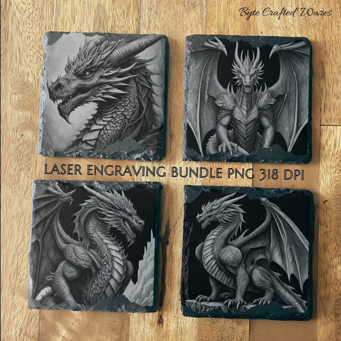 3D Dragon Laser Engraving PNG Bundle, Slate Coaster Dragon File, Wood ...