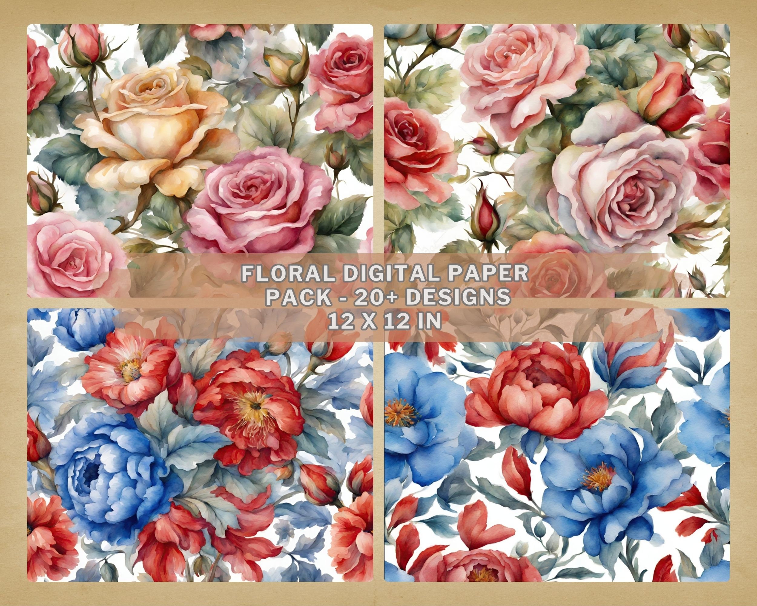 20 Flowers Digital Paper Floral Seamless Pattern Watercolor Flower ...