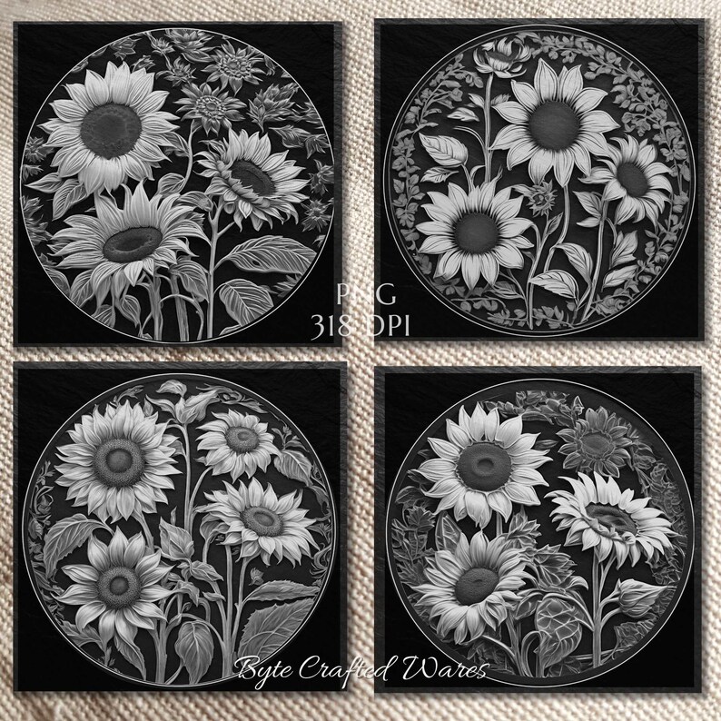 Sunflower 3D Laser Engraving PNG Bundle, Vintage Flowers for Slate ...