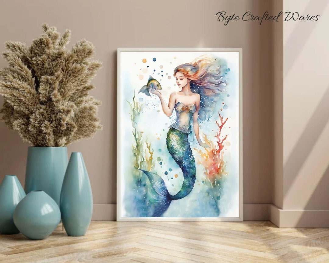 Princess Mermaid Watercolor Wall Art, Princess Ariel Print, Kids Room ...