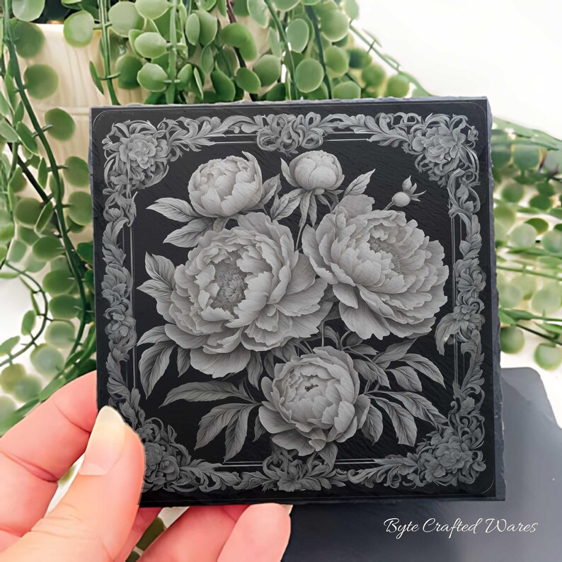 Peony Flower PNG for Laser Engraving File, Floral Slate Coaster, Laser ...
