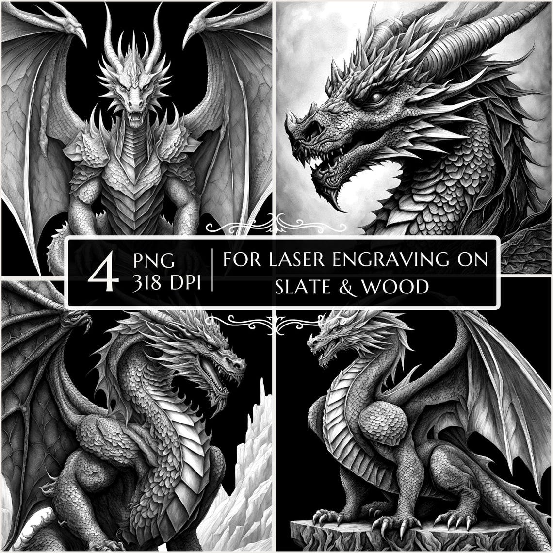 3D Dragon Laser Engraving PNG Bundle, Slate Coaster Dragon File, Wood ...