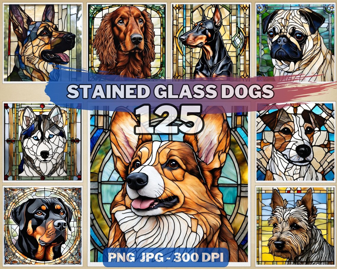 125 Stained Glass Dogs PNG Bundle - Stained Glass Patterns, Stained ...