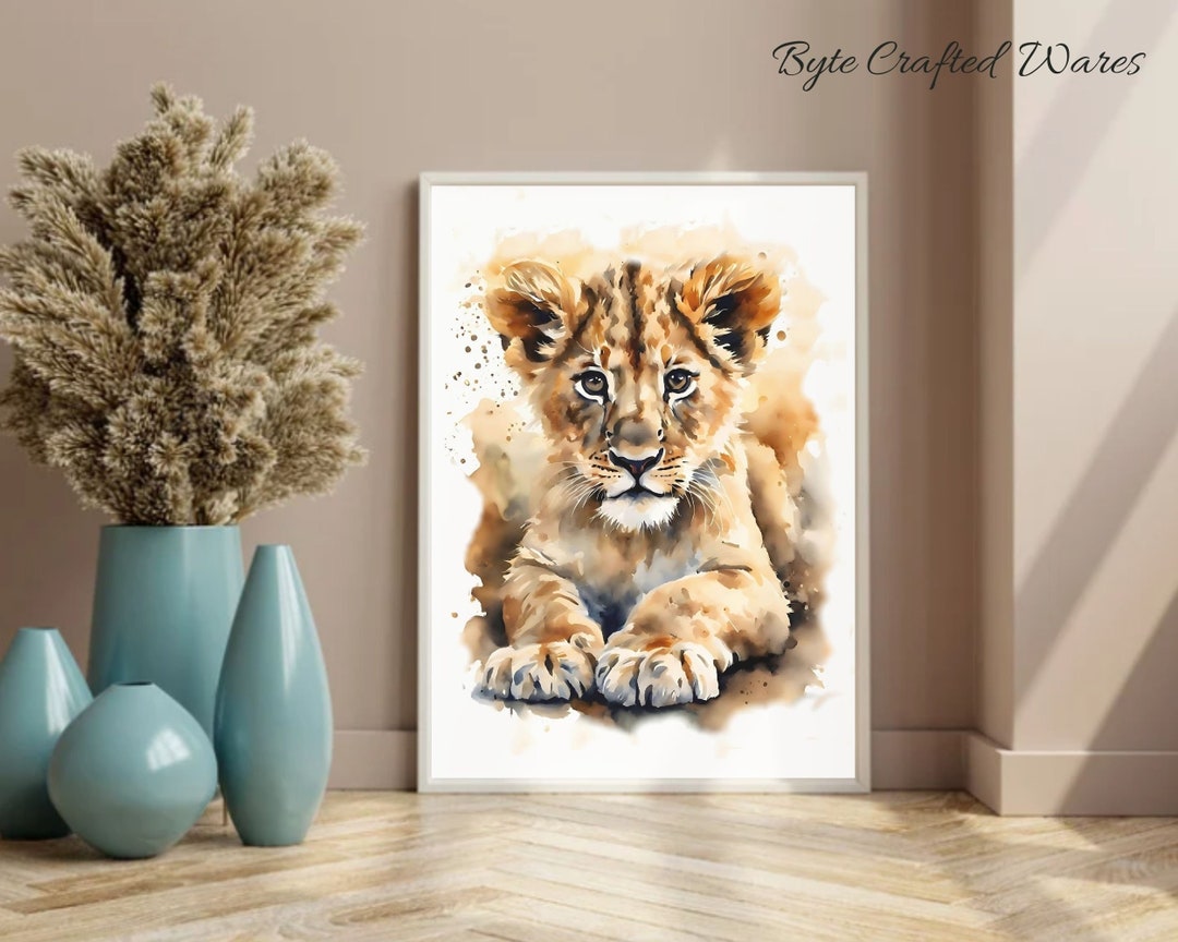 Watercolor Lion Cub Painting Artwork, Nursery Wall Art Decor, Lion Art ...