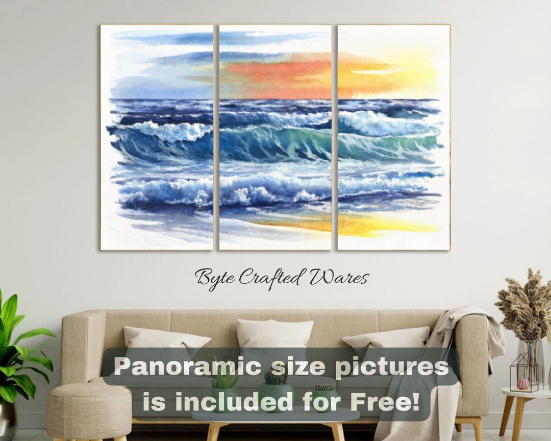 Ocean Wave Triptych Printable Wall Art, Sunset Seascape Watercolor, Sea ...