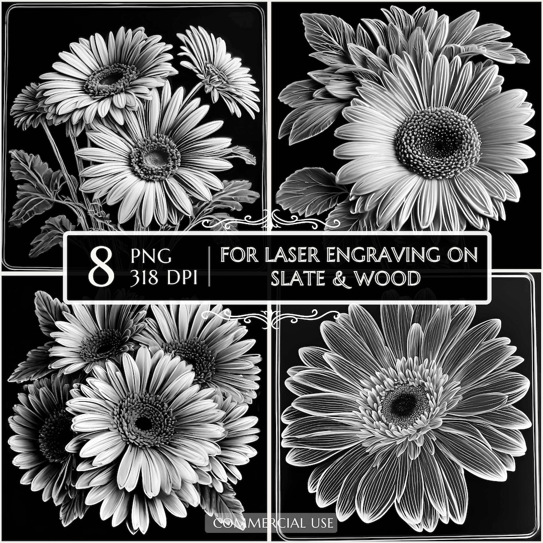 3D Gerbera Daisy Flower, Laser Burn PNG, Vintage Antique Flowers, Slate ...