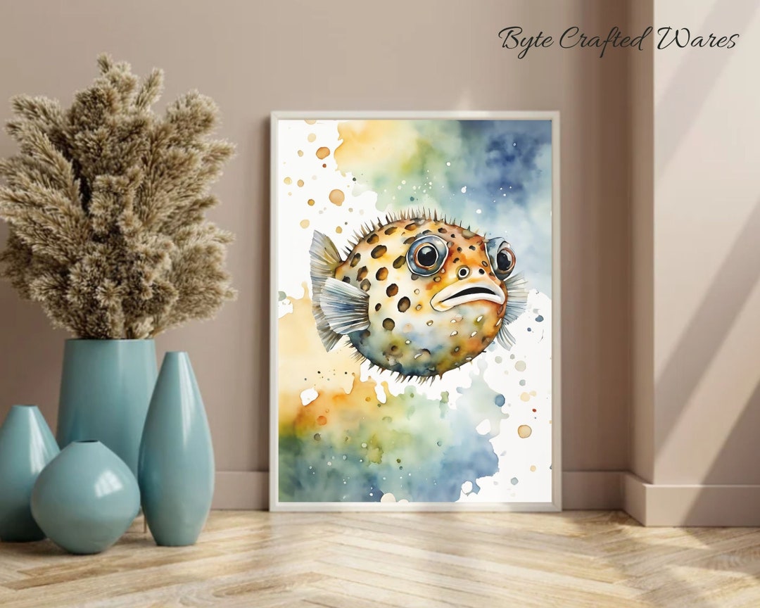 Puffer Fish Watercolor Painting, Nursery Wall Art Decor, Wildlife Gift ...