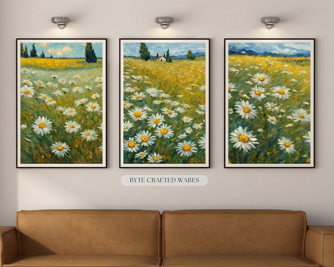 Daisies Printable Wall Art, Art Set of 3 Prints, Field of Wildflowers ...