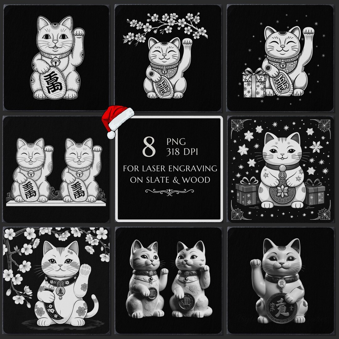 Japanese Lucky Cat Bundle, Maneki Neko PNG Engraving Files, Slate ...