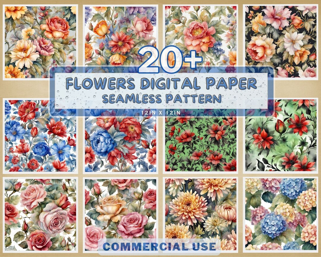20 Flowers Digital Paper Floral Seamless Pattern Watercolor Flower ...