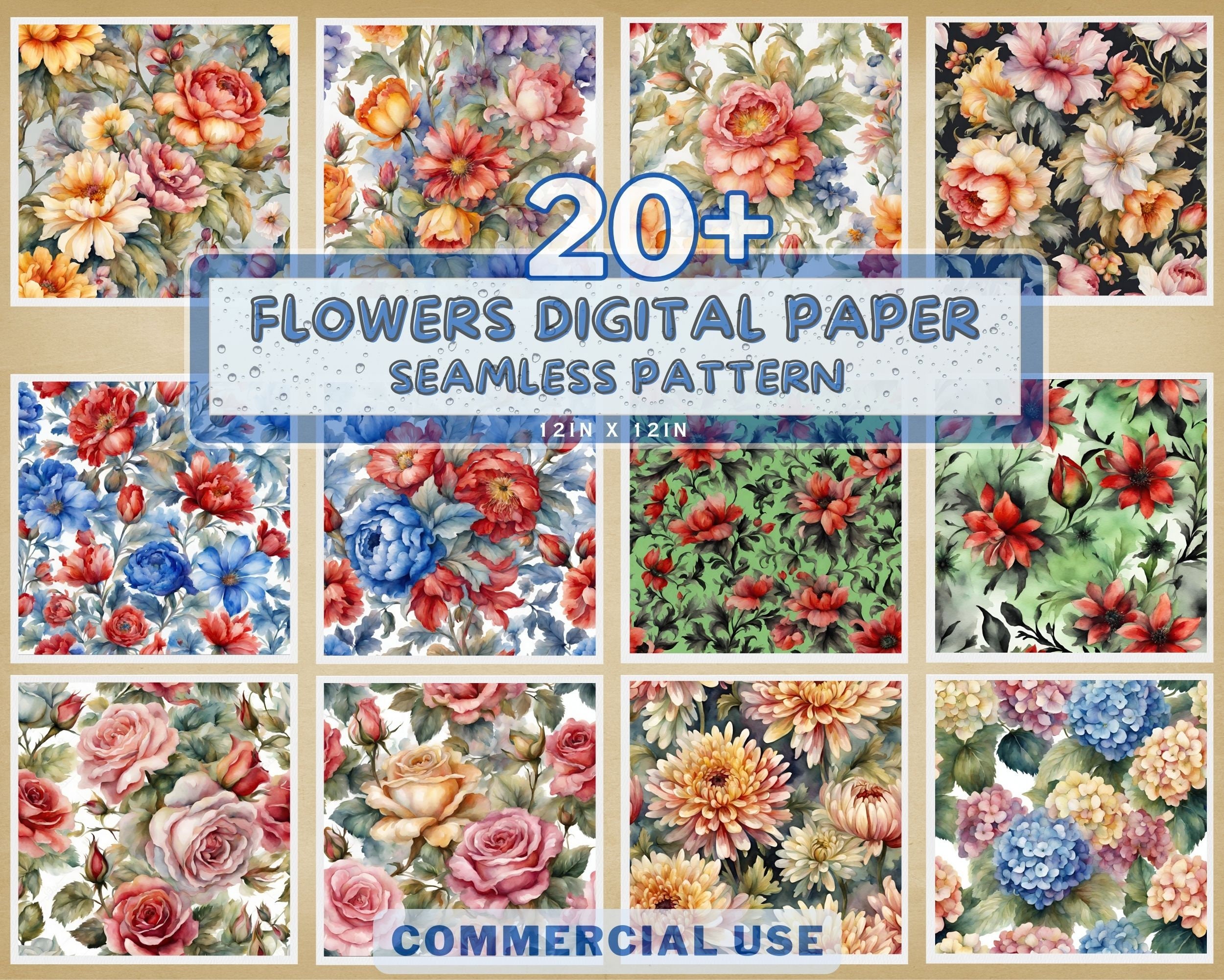 20 Flowers Digital Paper Floral Seamless Pattern Watercolor Flower ...