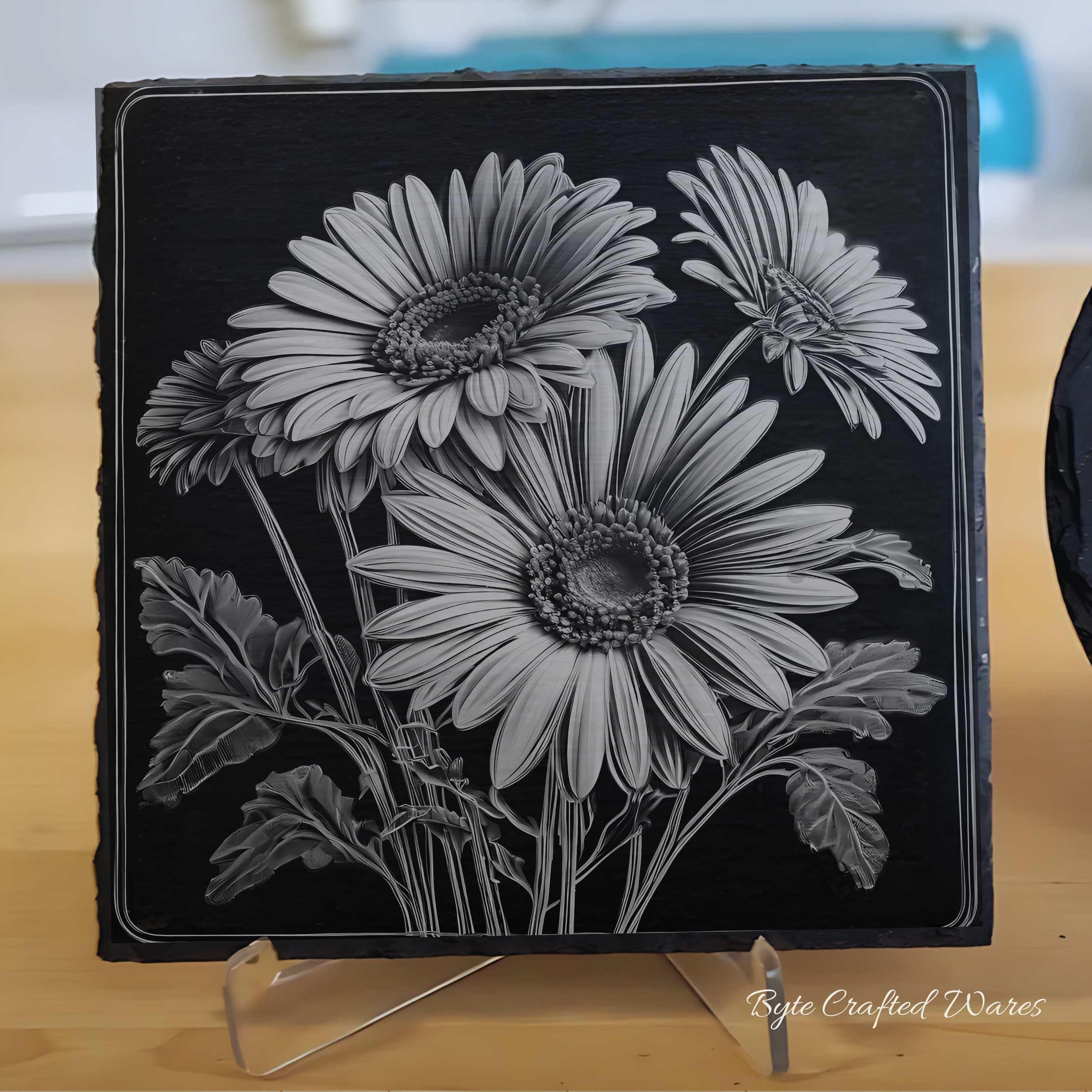 3D Gerbera Daisy Laser Engraving PNG, Laser Burn Floral Illusion, Slate ...