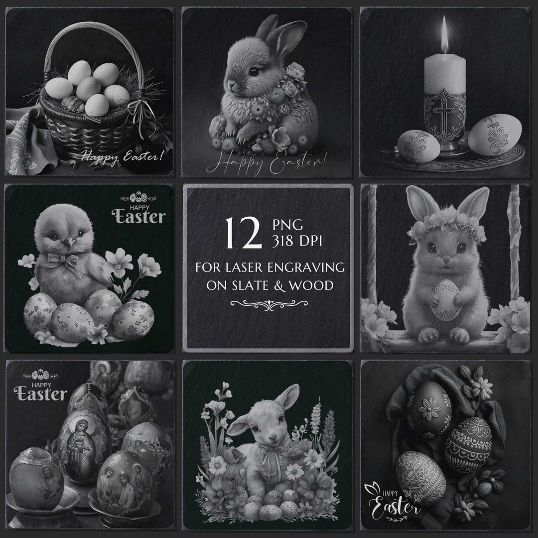 Happy Easter Bundle, 12 Laser Engraving PNG Files, Easter Slate Coaster ...
