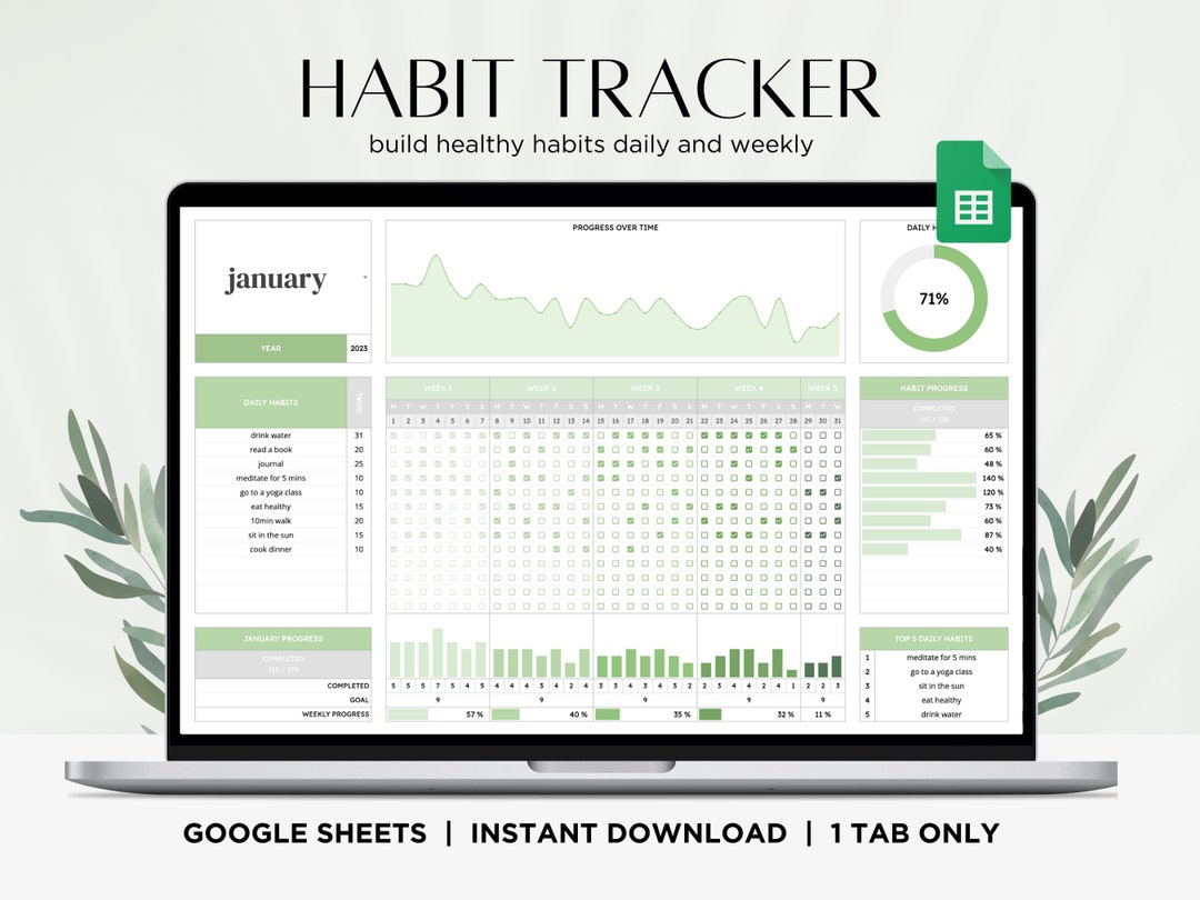 Habit Tracker Spreadsheet for Google Sheets | Daily Weekly and Monthly ...