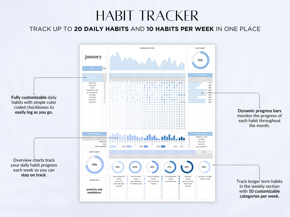 Habit Tracker Spreadsheet for Google Sheets | Daily Weekly and Monthly ...