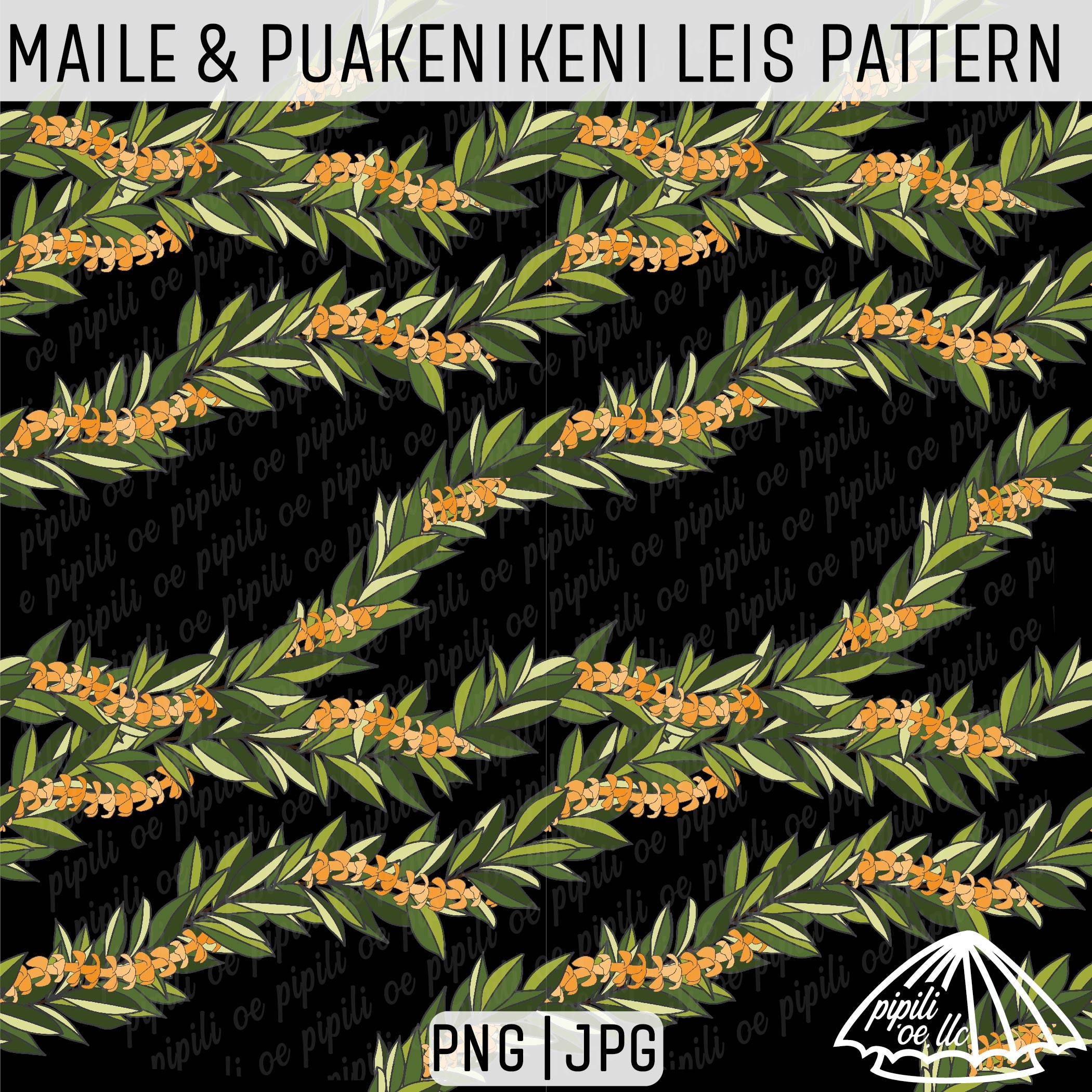Maile and Puakenikeni Leis Pattern - Black - Hawaii Seamless Pattern ...