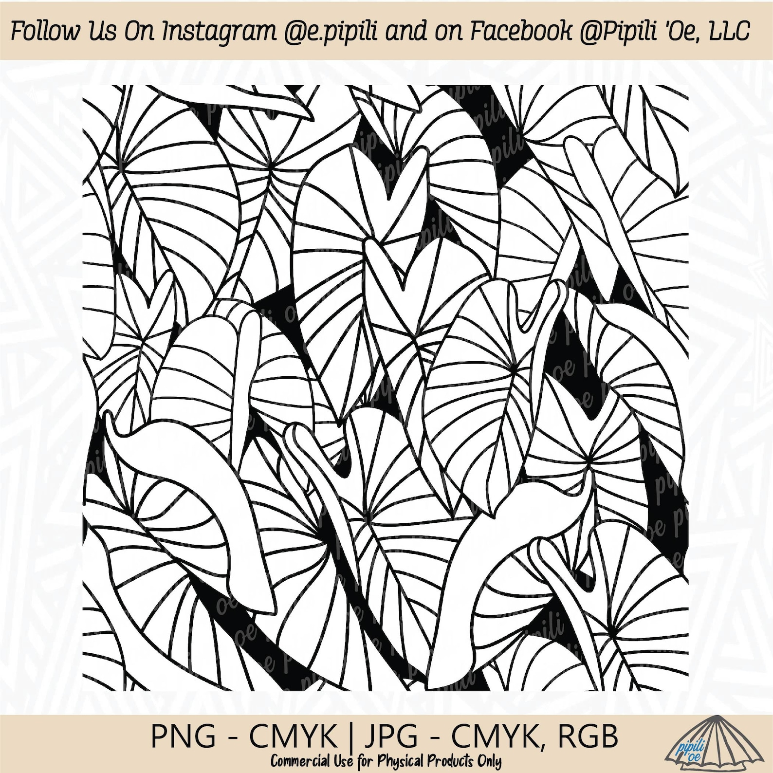 Black and White Kalo Leaves Repeating Pattern - Kalo Leaves Seamless ...
