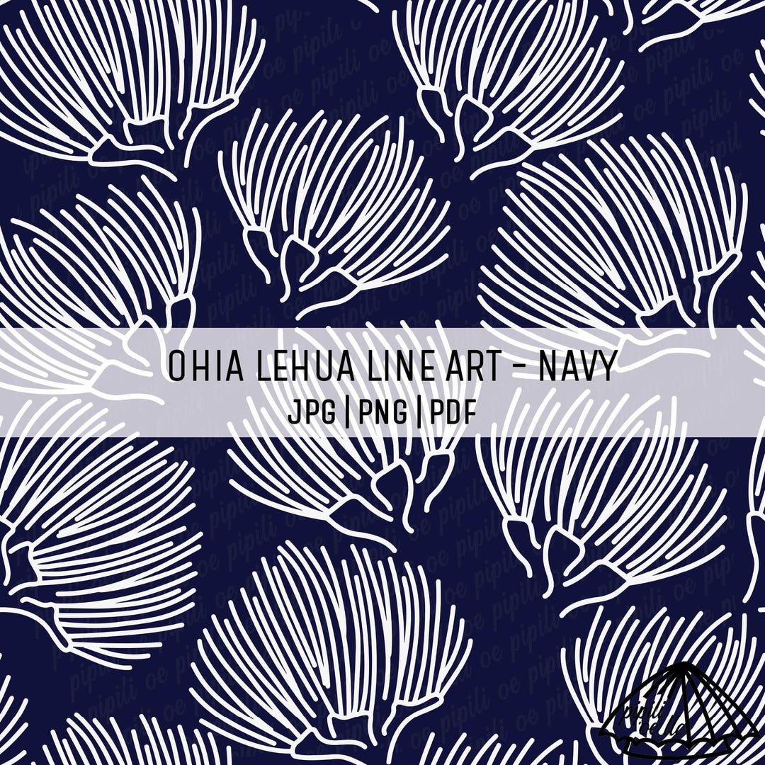 White Ohia Lehua Line Art Pattern With Navy Background Seamless Pattern ...
