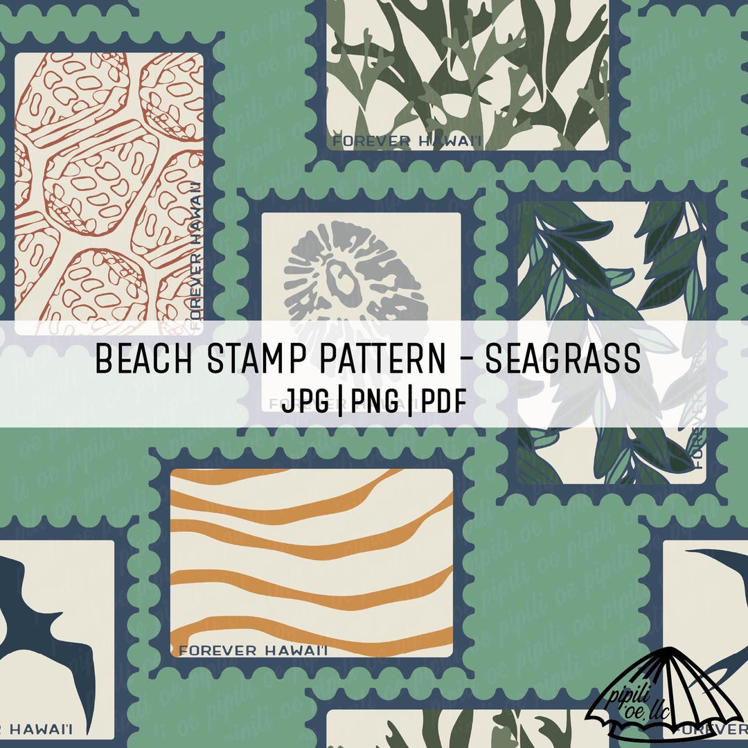 Hawaii Beach Themed Stamp Pattern With Seagrass Colored Background ...