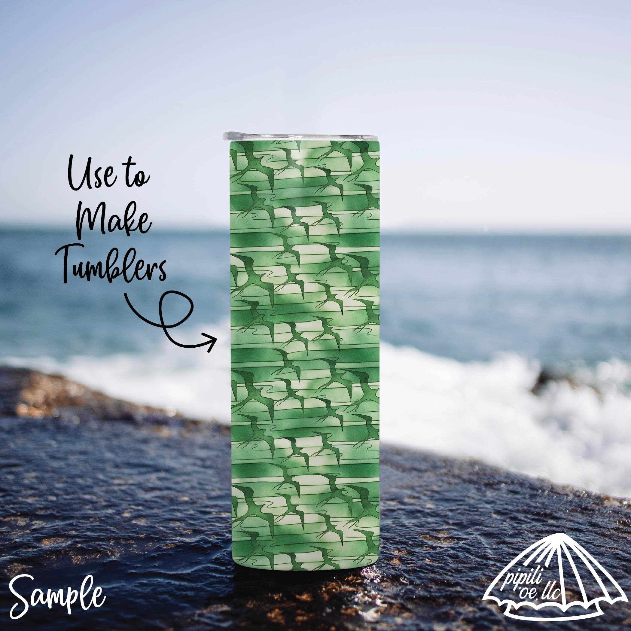 Iwa Over Ocean Watercolor Green Iwa Bird Seamless Repeating Pattern ...