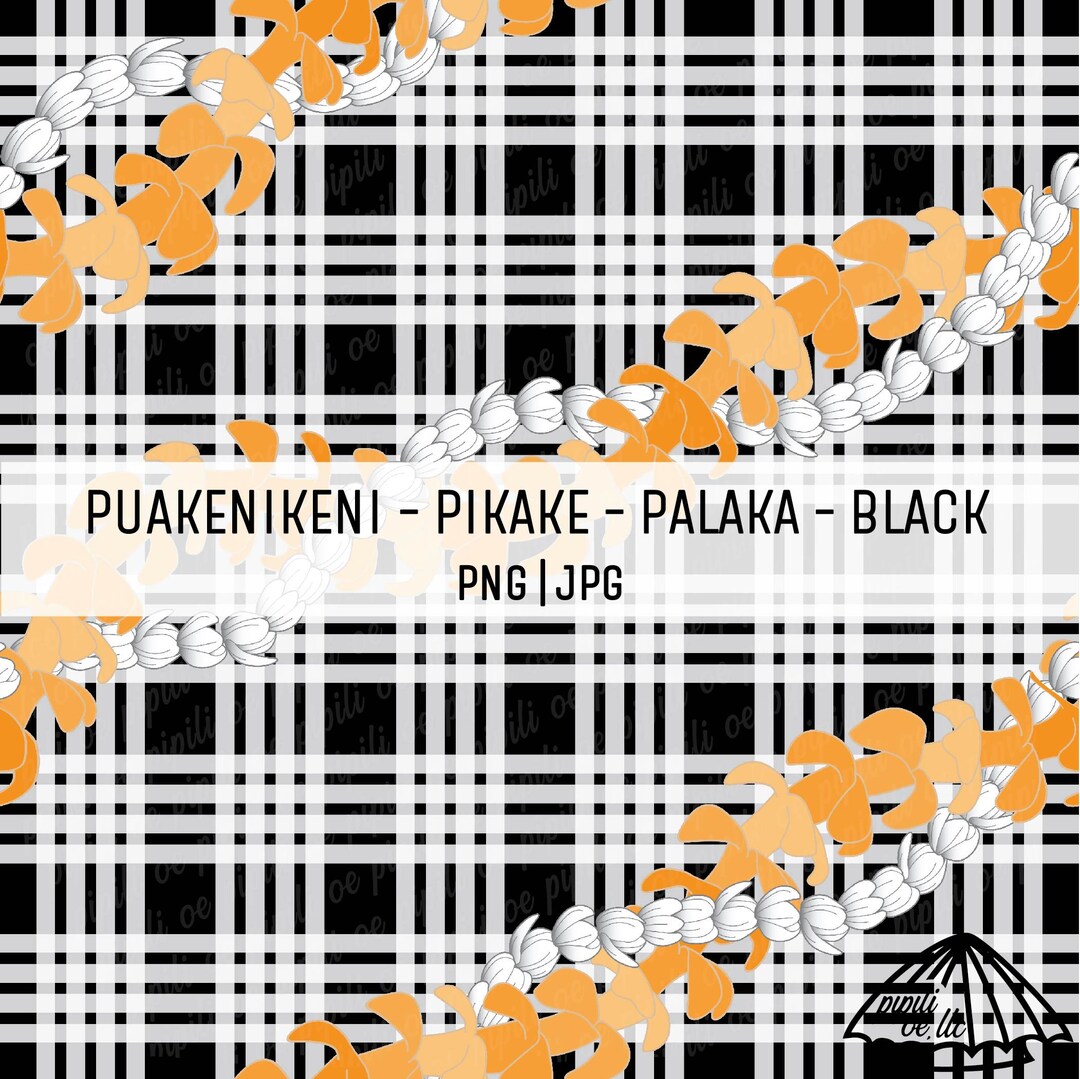 Puakenikeni and Pikake Lei on Palaka - Black - Hawaii Seamless Pattern ...