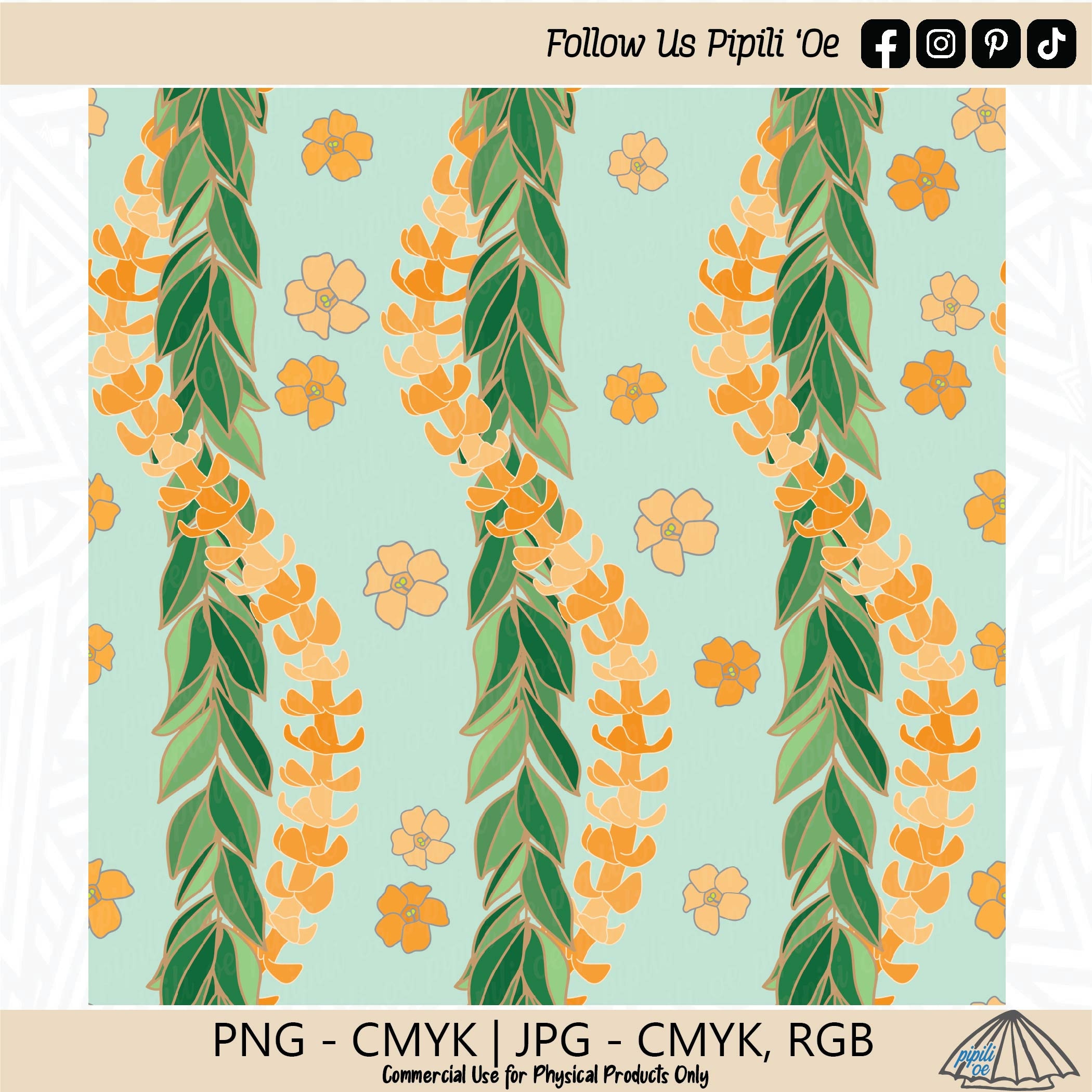 Maile and Puakenikeni Lei Pattern - Sea Green - Maile Lei Seamless ...