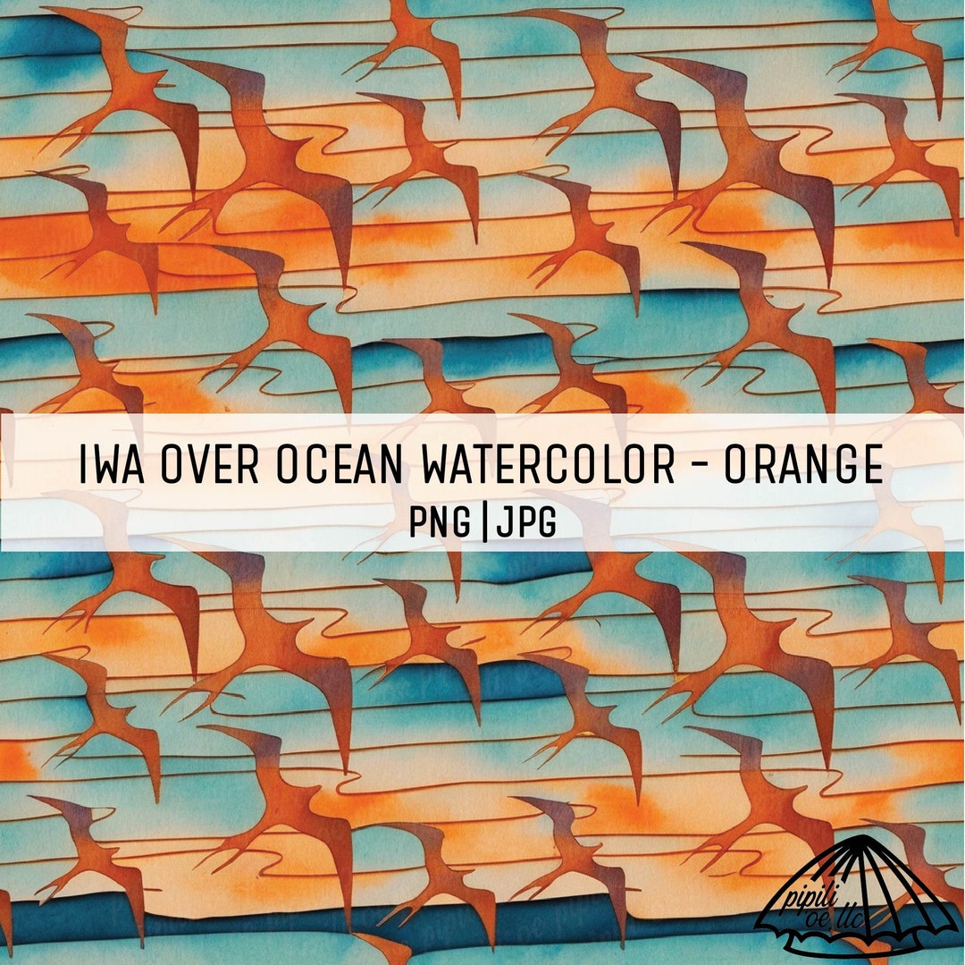 Iwa Over Ocean Watercolor - Orange - Iwa Bird Seamless Repeating ...