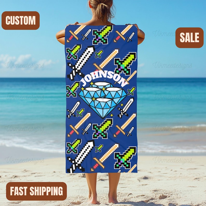 Custom Mine Gaming Beach Towel Swords Gamer Craft Gift Video Game Lover ...