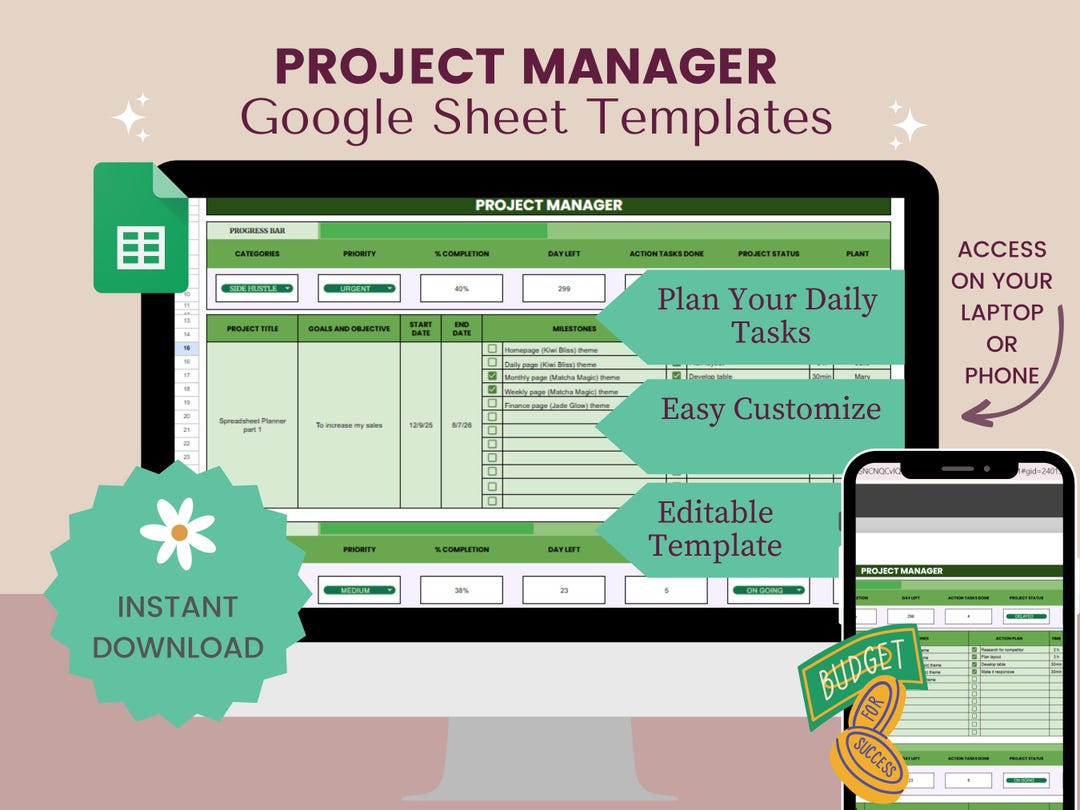 Editable Google Sheets Project Manager | Digital Planner | Task & Goal ...