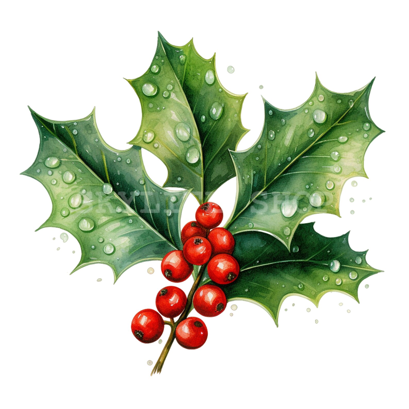 Watercolor Christmas Glossy Holly,clipart - 18 High Quality Pngs, Merry ...