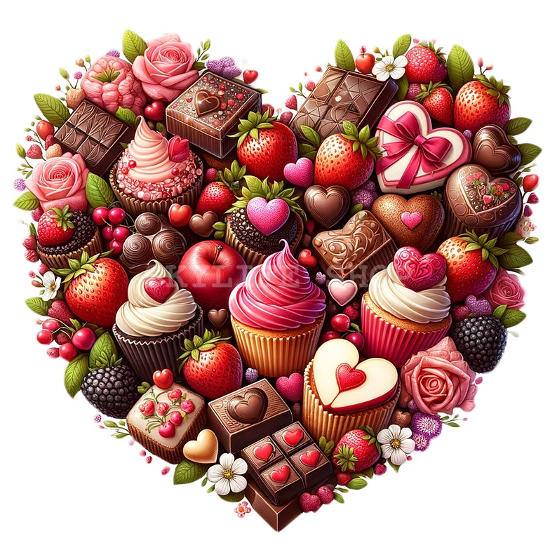 Watercolor Valentines Heart Shaped of Chocolates,cupcakes and Fruits ...