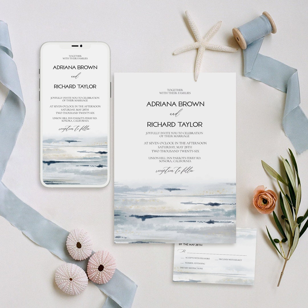 Sea Wedding Invitation Template Set, Blue Wedding Invite, Ocean ...