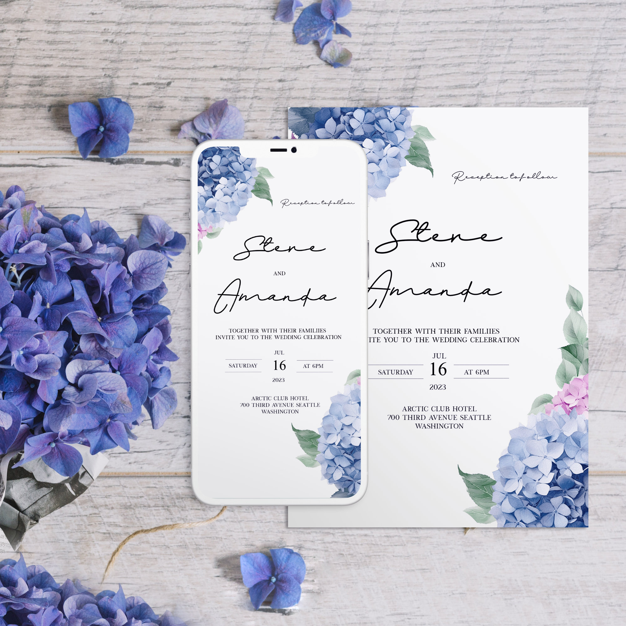 Hydrangea Wedding Invitation Template Set, Garden Wedding Invite Suite ...