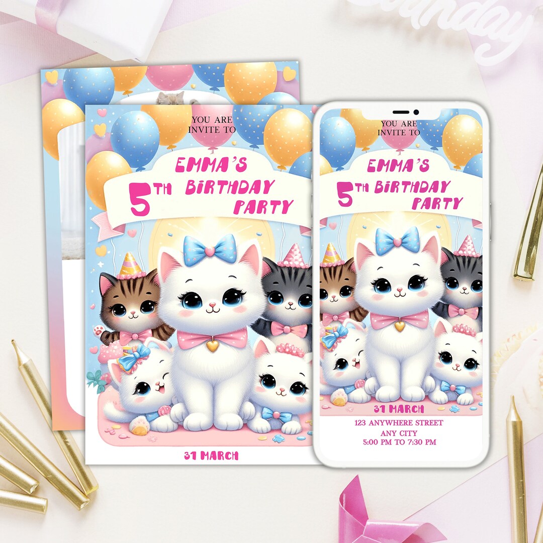 Cats Birthday Invitation Template, Girl Birthday Party,pink Invite ...