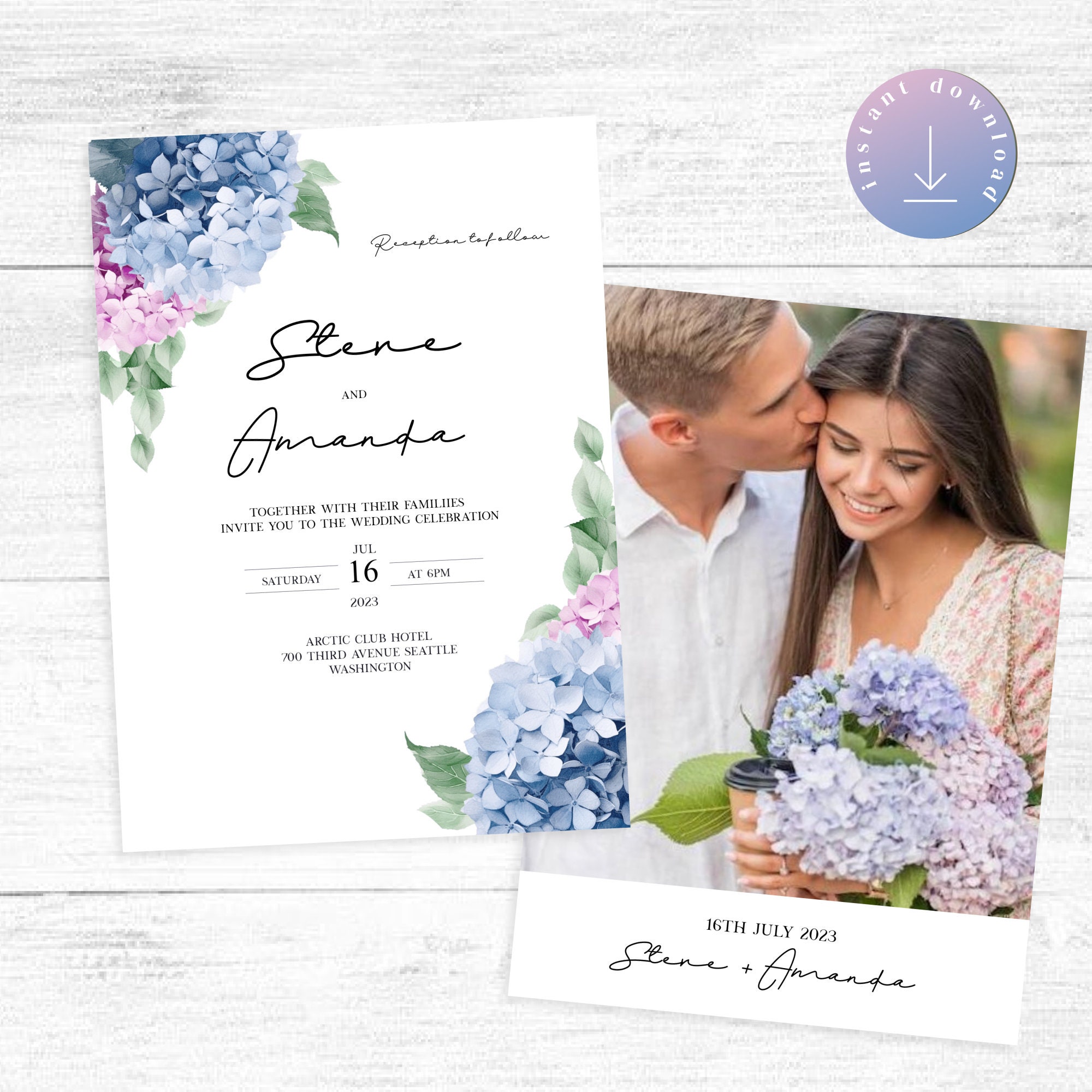 Hydrangea Wedding Invitation Template Set, Garden Wedding Invite Suite ...