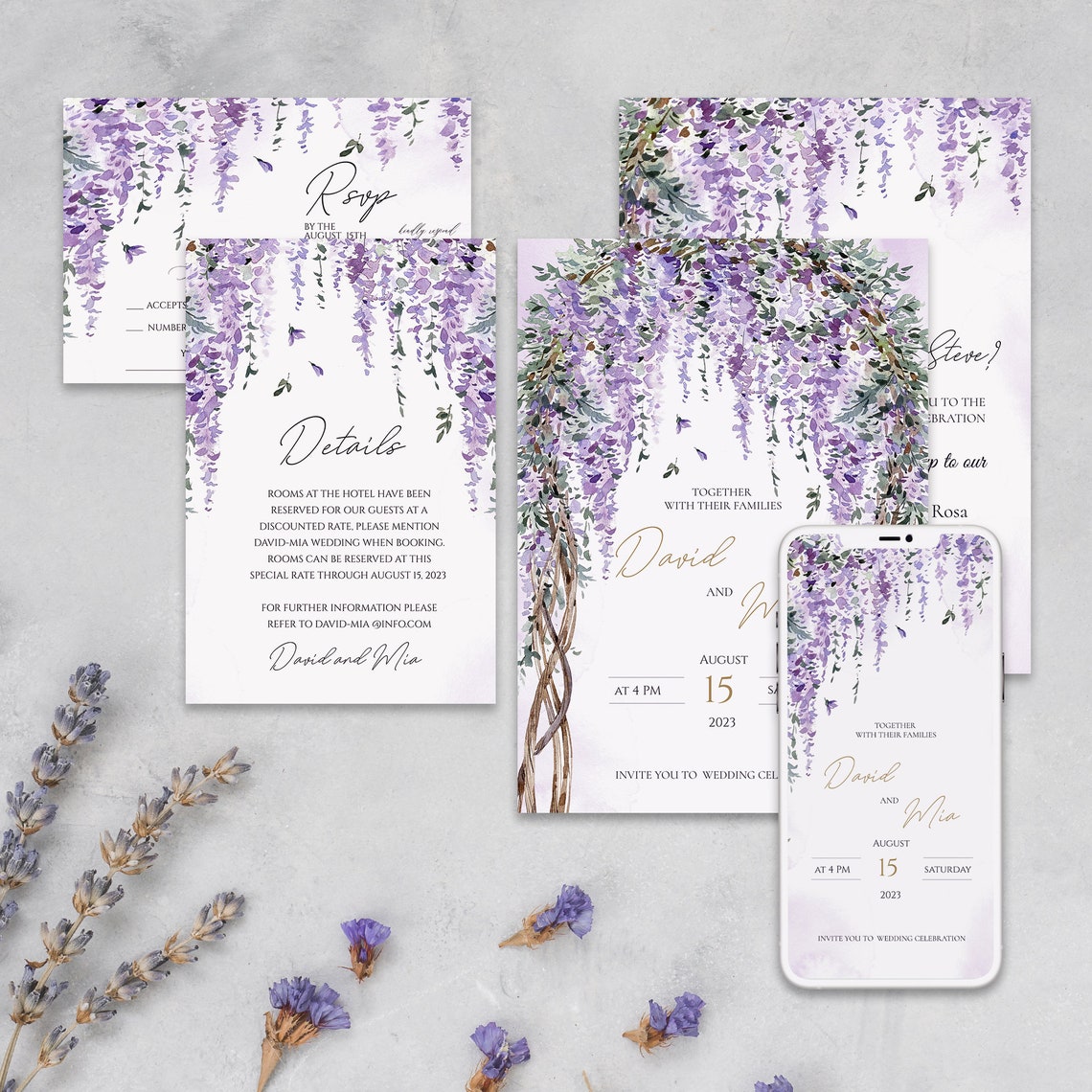 Wisteria Wedding Invitation Template, Purple Digital Invitation ...