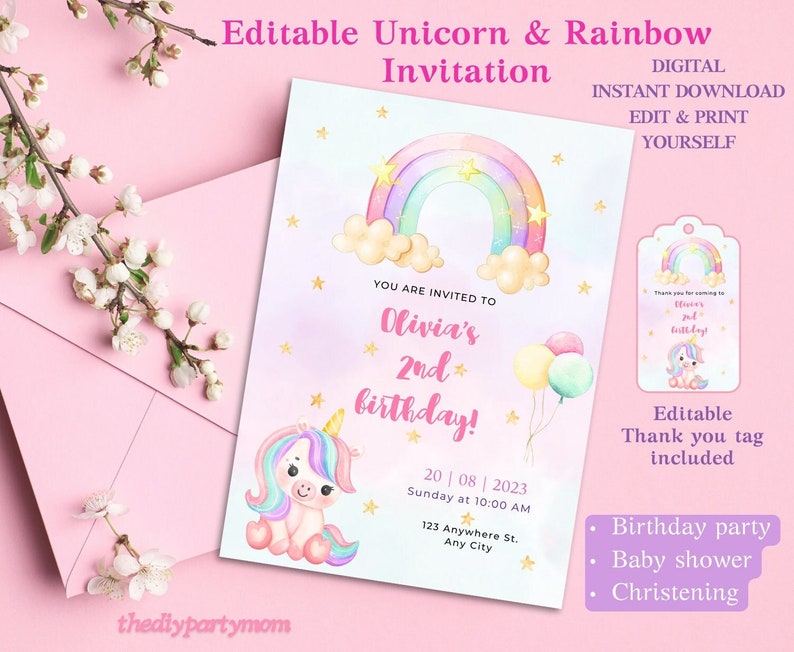 Rainbow Unicorn Invitation for Girls, Birthday Party, Baby Shower ...