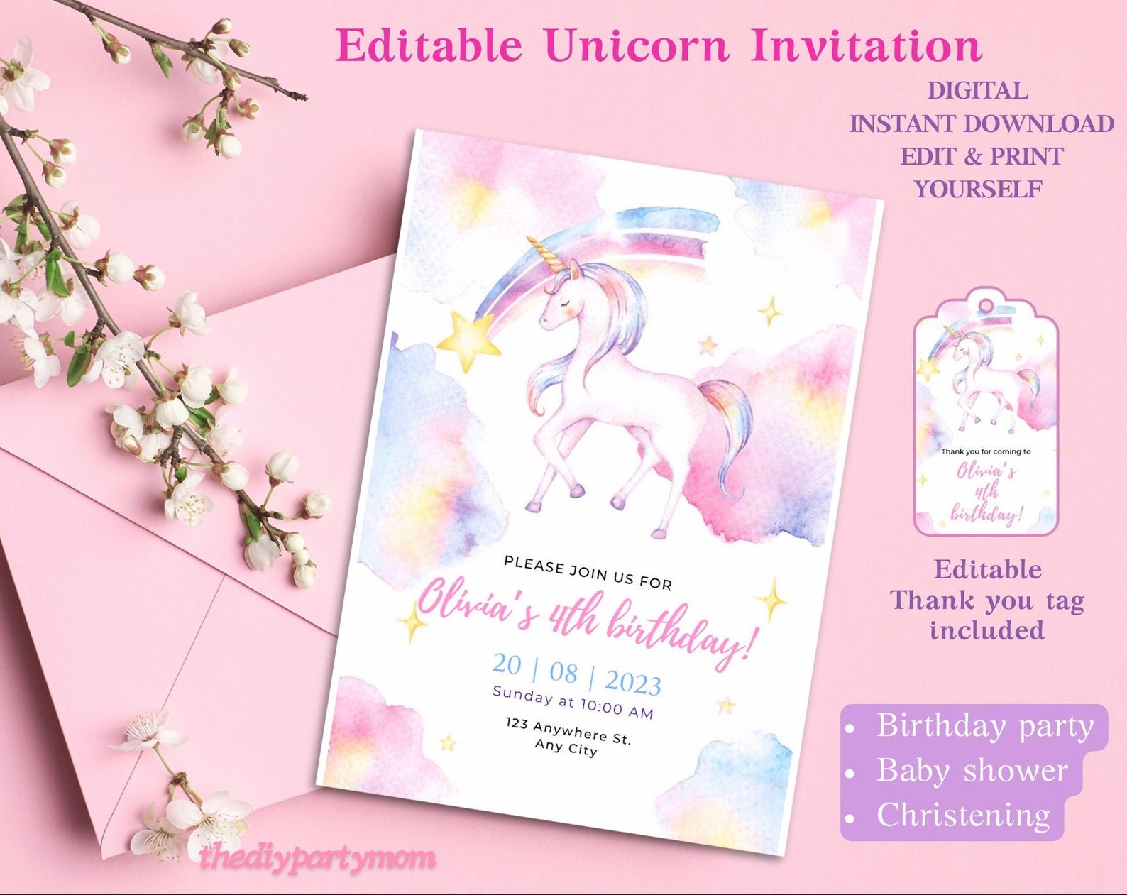 EDITABLE & PRINTABLE Unicorn Invitation for Girls, Birthday Party, Baby ...