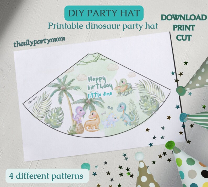 Printable Dinosaur Party Hats in Four Different Patterns, DIY Party ...