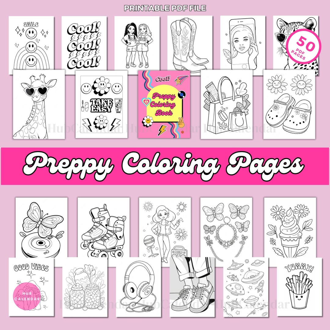 Preppy Coloring Pages, Y2K Aesthetics Coloring Book Printable, 50 ...