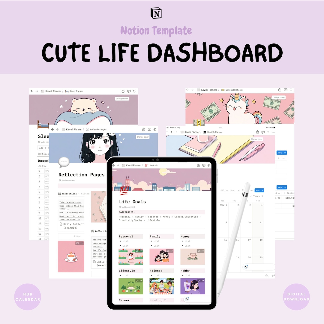 Cute Notion Template, Aesthetic Pastel Dashboard, Kawaii Digital ...