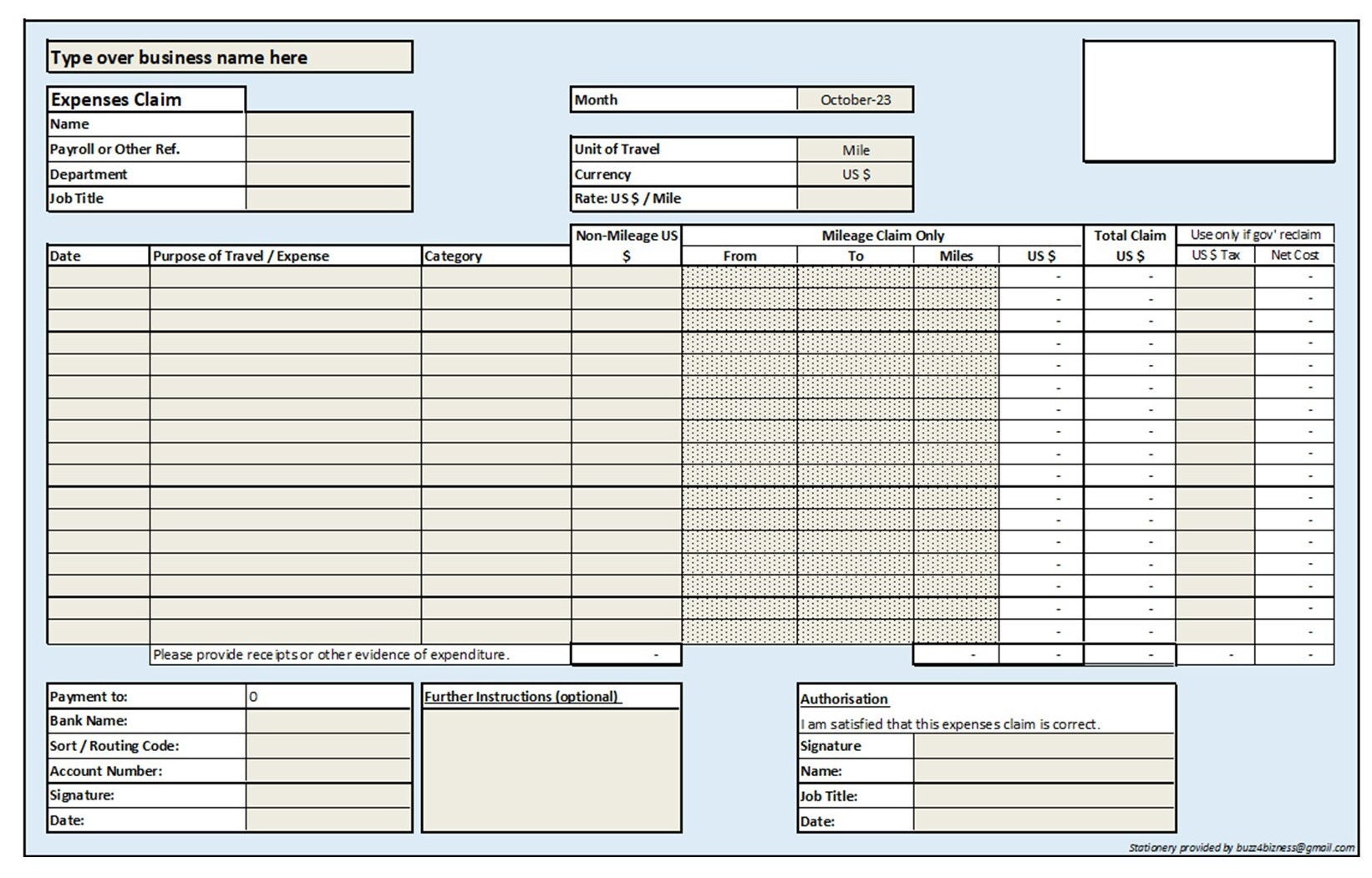 Expenses Claim Form (in Blue) - Excel Format (+google Sheets ...
