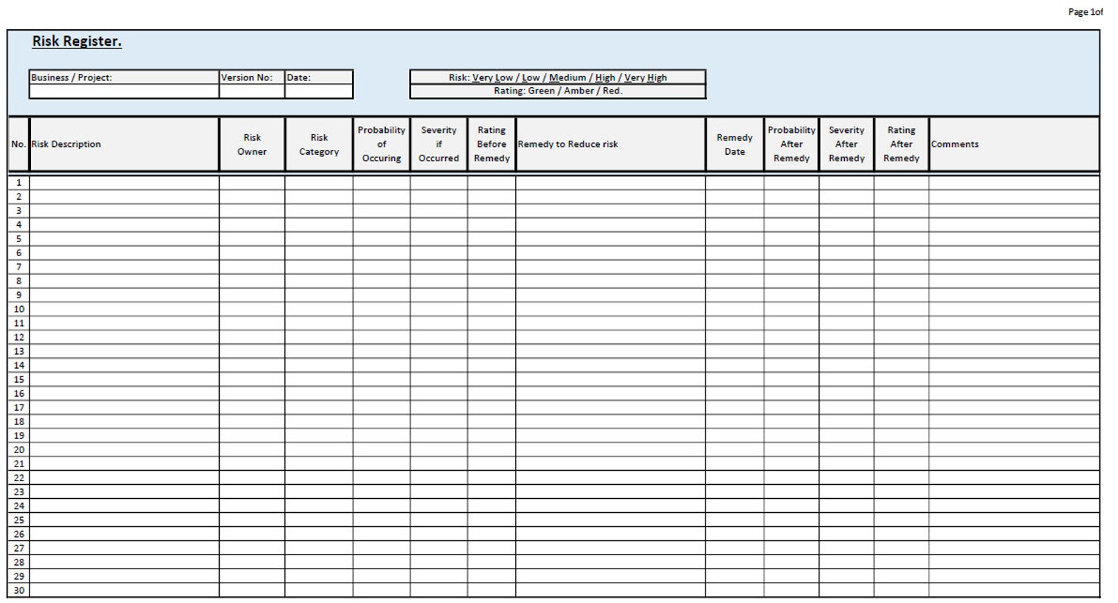 Risk Register Template (blue Background) - Excel Format (google Sheets ...