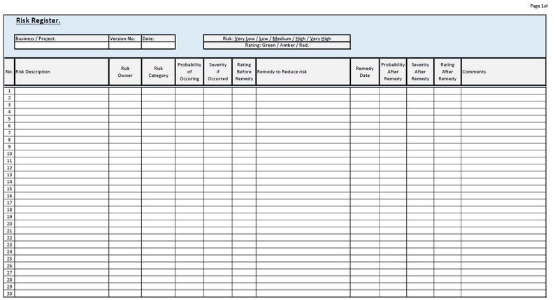 Risk Register Template (blue Background) - Excel Format (google Sheets ...