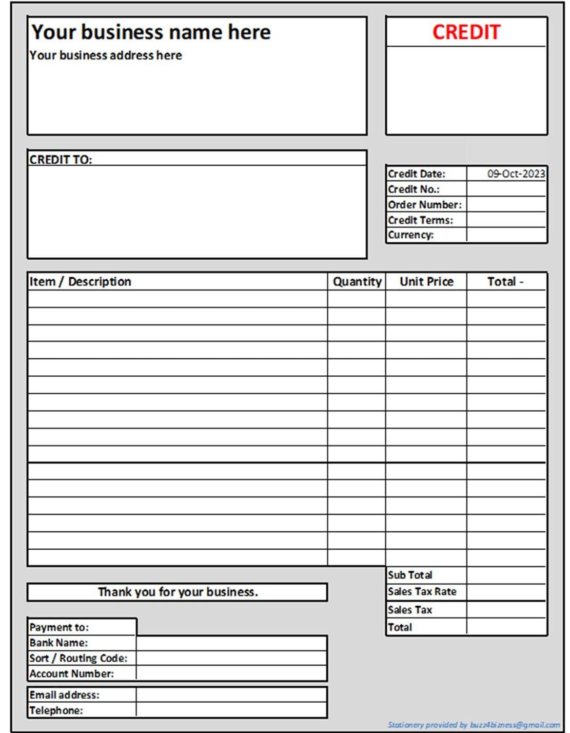 Sales Invoice & Credit Template (in Grey). Excel Format (google Sheets ...