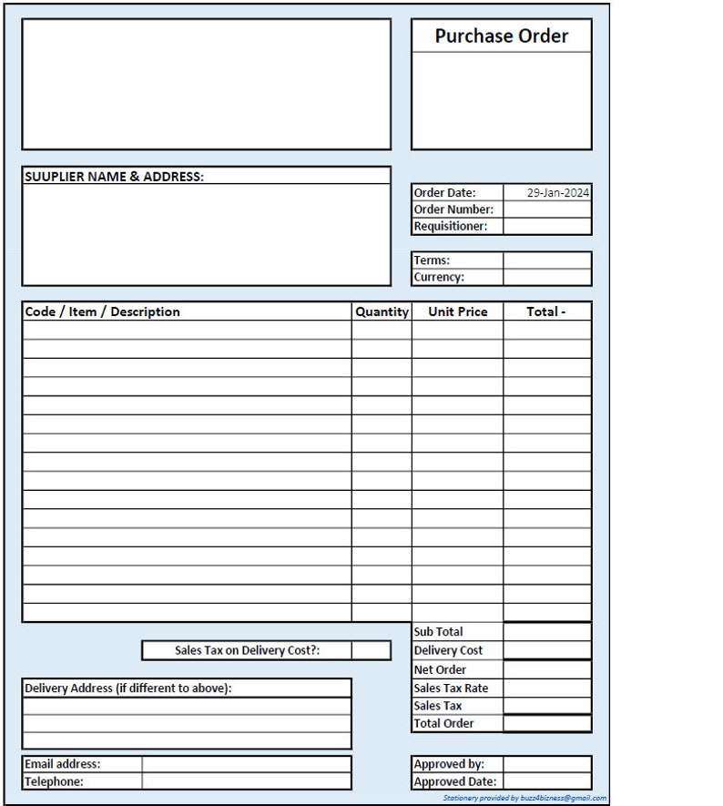 Purchase Order / Requisition Template (blue) - Excel Format (+google ...